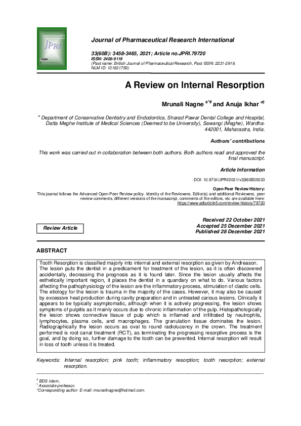 (PDF) A Review on Internal Resorption | Mrunali Nagne - Academia.edu