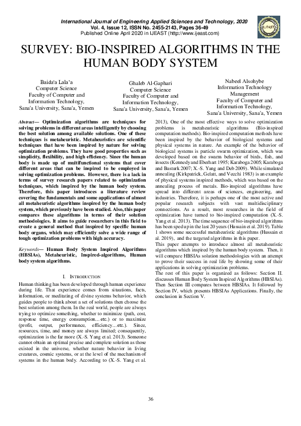 (PDF) Survey: Bio-Inspired Algorithms in the Human Body System