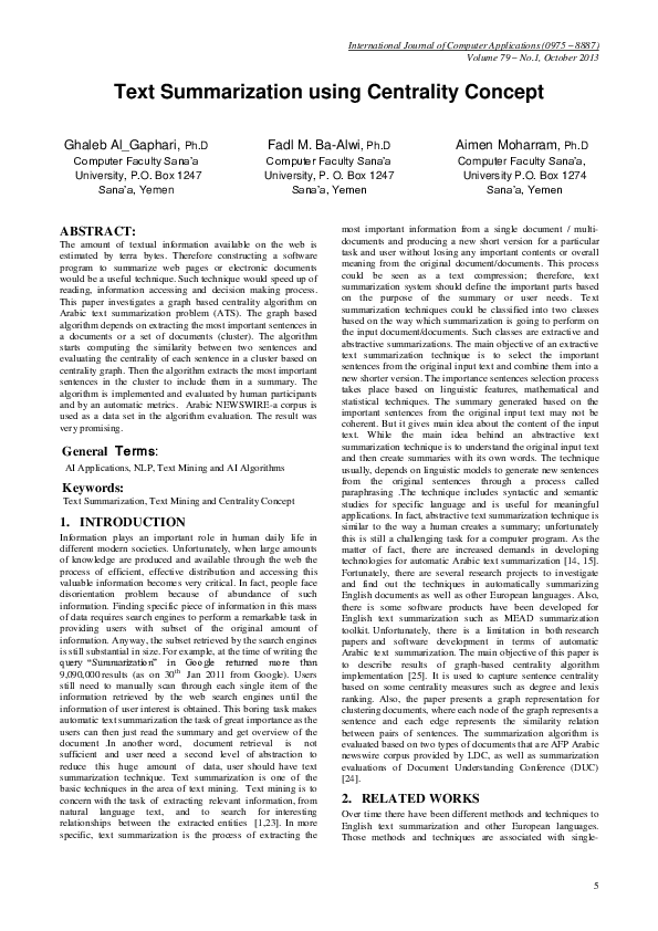 (PDF) Text Summarization using Centrality Concept