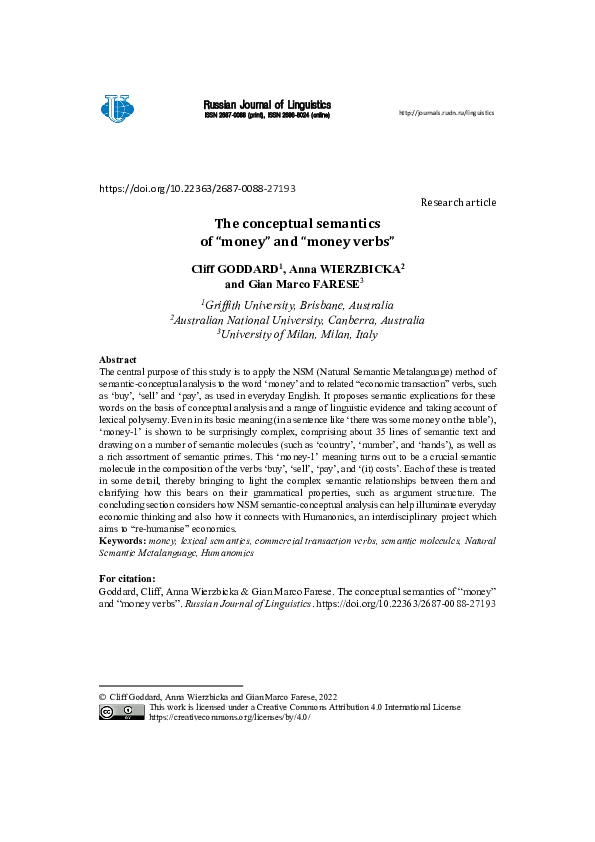 (PDF) The conceptual semantics of “money” and “money verbs” | Cliff Goddard - Academia.edu