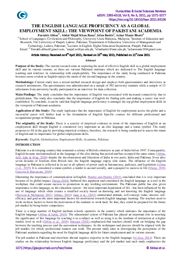 (PDF) The English Language Proficiency as a Global Employment Skill ...