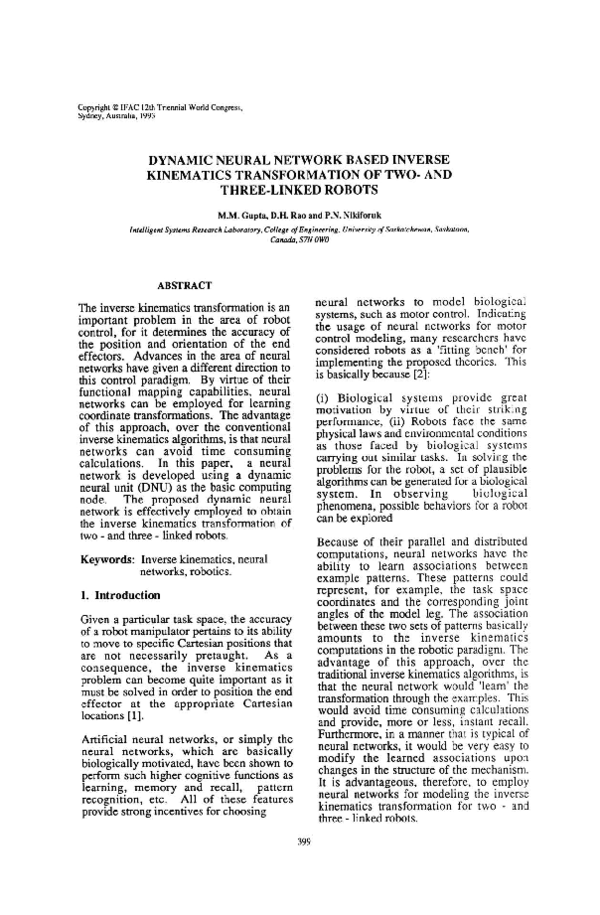 Pdf Dynamic Neural Network Based Inverse Kinematics Transformation Of Two And Three Linked Robots