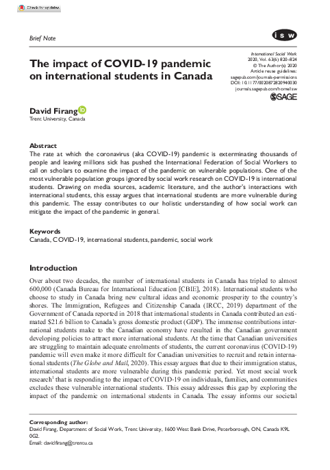 (PDF) The impact of COVID-19 pandemic on international students in Canada