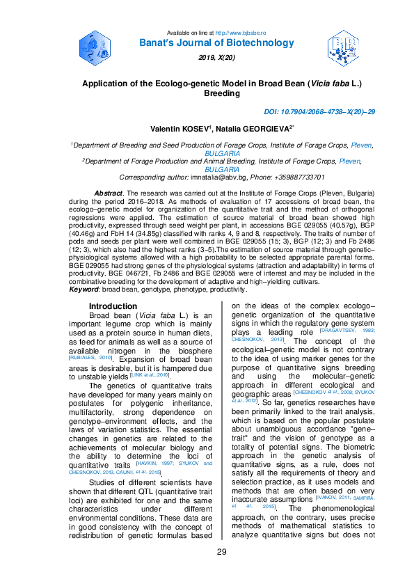 (PDF) Application of the Ecologo-genetic Model in Broad Bean (Vicia faba L.) Breeding