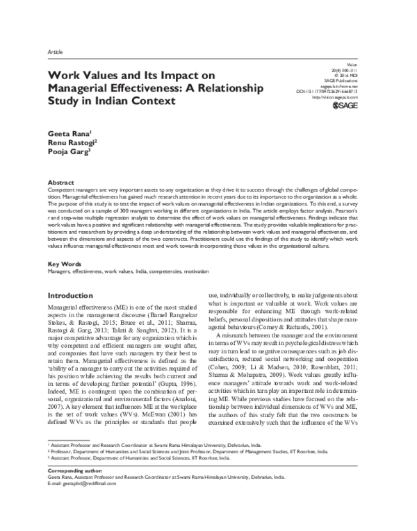(PDF) Work Values and Its Impact on Managerial Effectiveness: A ...