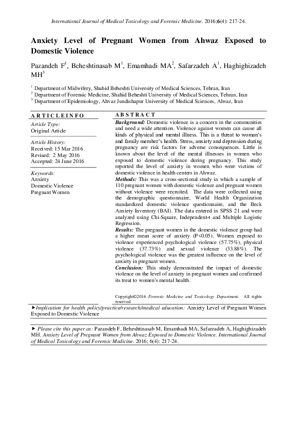(PDF) Anxiety Level of Pregnant Women from Ahwaz Exposed to Domestic ...