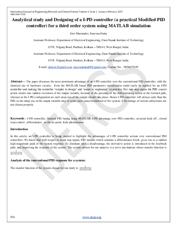 (PDF) Analytical study and Designing of a I-PD controller (a practical Modified PID controller ...