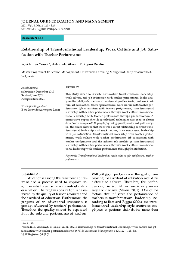 (PDF) Relationship of Transformational Leadership, Work Culture and Job Satisfaction with ...