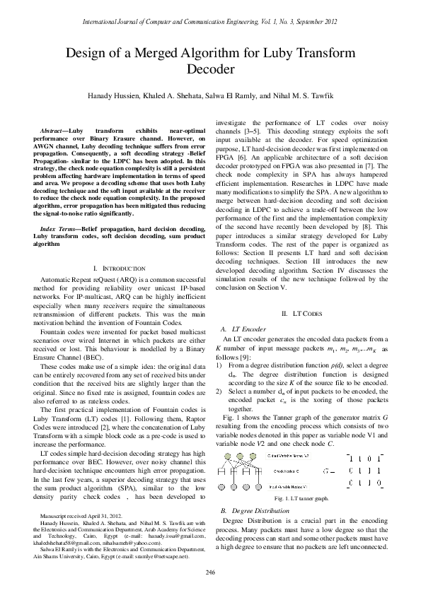 Pdf Design Of A Merged Algorithm For Luby Transform Decoder Khaled Shehata