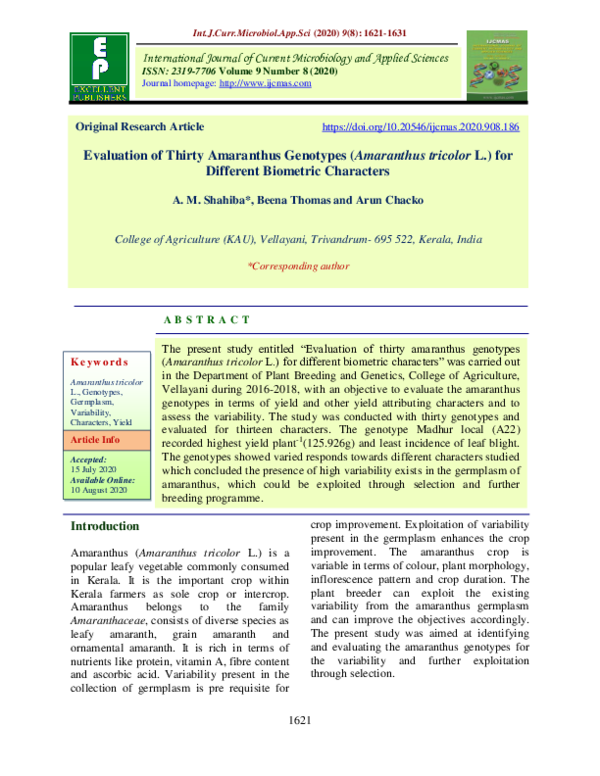 (PDF) Evaluation of Thirty Amaranthus Genotypes (Amaranthus tricolor L.) for Different Biometric ...
