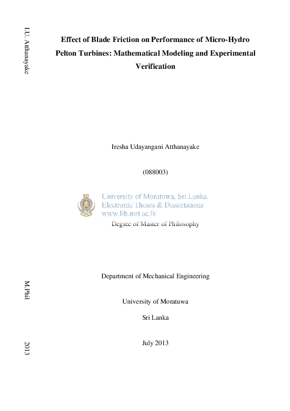 (PDF) Effect of blade friction on performance of Micro-Hydro pelton turbines : mathematical ...