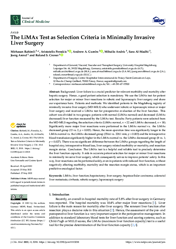 (PDF) The LiMAx Test as Selection Criteria in Minimally Invasive Liver ...