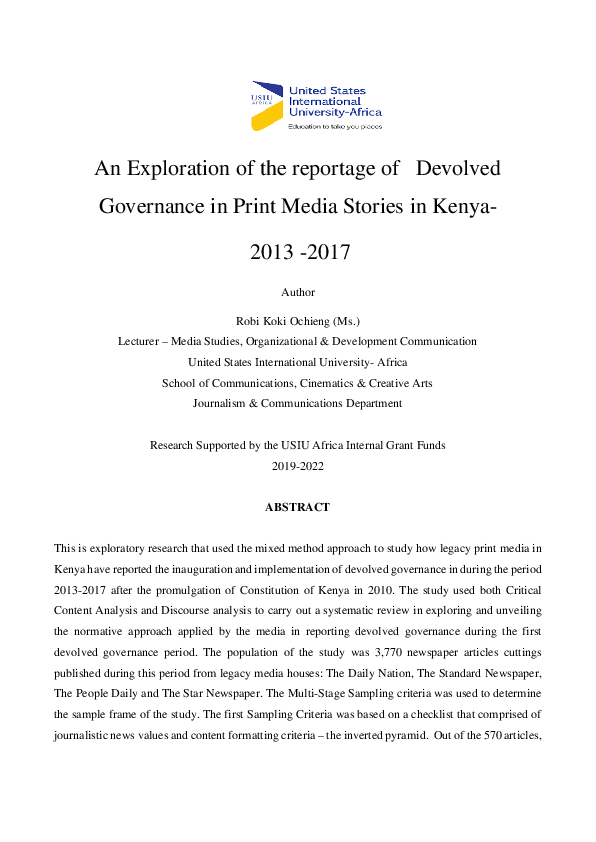 (PDF) An Exploration of the reportage of Devolved Governance in Print Media Stories in Kenya