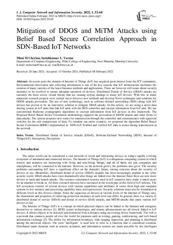 Pdf Mitigation Of Ddos And Mitm Attacks Using Belief Based Secure Correlation Approach In Sdn
