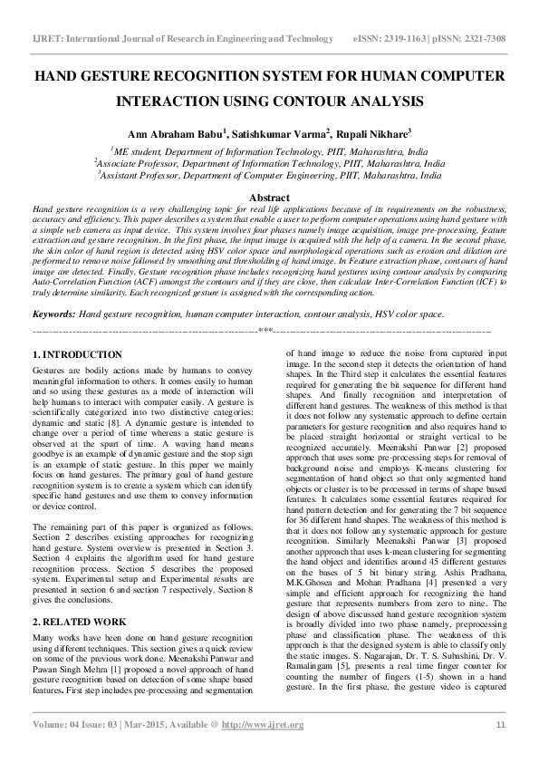 (PDF) Hand Gesture Recognition System for Human Computer Interaction Using Contour Analysis