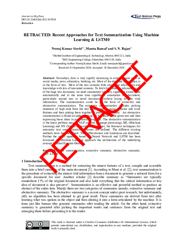 (PDF) Recent Approaches for Text Summarization Using Machine Learning & LSTM0