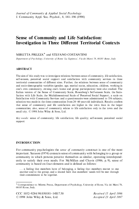 (PDF) Sense of community and life satisfaction: investigation in three ...