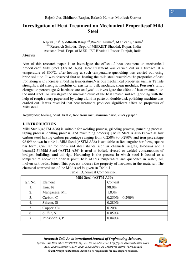 (PDF) Investigation of Heat Treatment on Mechanical Propertiesof Mild Steel (PDF) Investigation of Heat Treatment on Mechanical Propertiesof Mild Steel