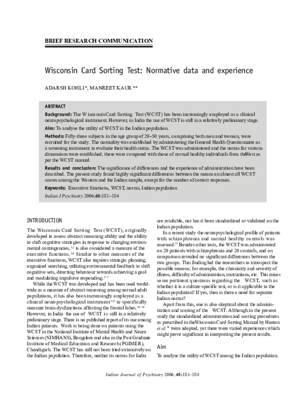(PDF) Wisconsin Card Sorting Test: Normative data and experience