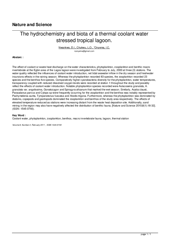 (PDF) Nature and Science The hydrochemistry and biota of a thermal ...