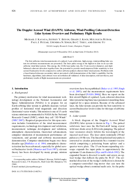 (PDF) The Doppler Aerosol Wind (DAWN) Airborne, Wind-Profiling Coherent ...
