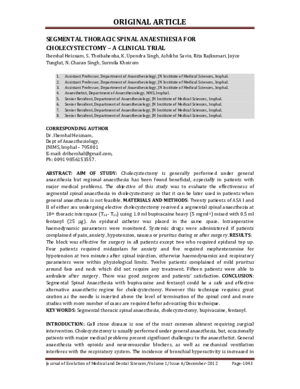 (PDF) Segmental Thoracic Spinal Anaesthesia for Cholecystectomy - a ...
