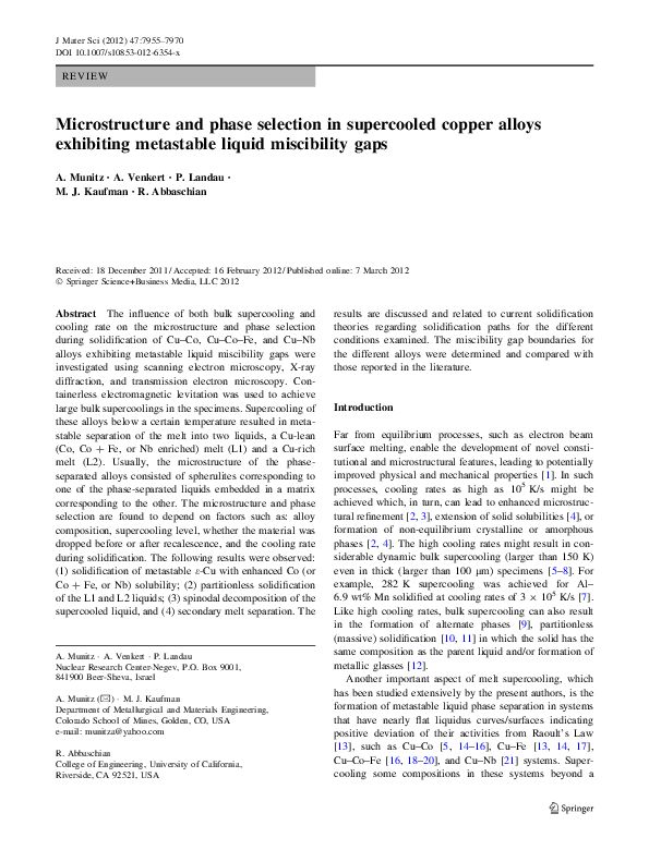 (PDF) Microstructure and phase selection in supercooled copper alloys exhibiting metastable ...