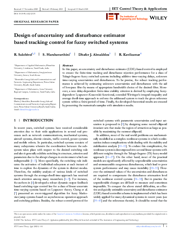 (PDF) Design of uncertainty and disturbance estimator based tracking control for fuzzy switched ...