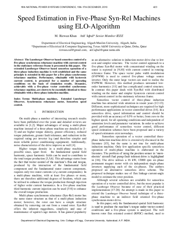 Pdf Speed Estimation In Five Phase Syn Rel Machines Using Elo Algorithm Atif Iqbal