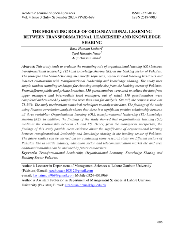 (PDF) Impact of Organizational Learning and Transformational Leadership on Knowledge Sharing: An ...