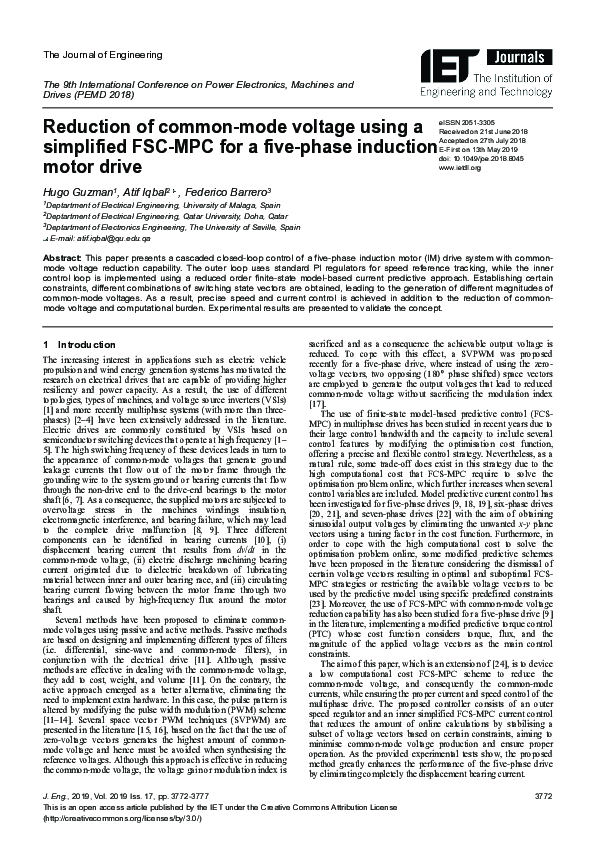 Pdf Reduction Of Common Mode Voltage Using A Simplified Fsc Mpc For A Five Phase Induction
