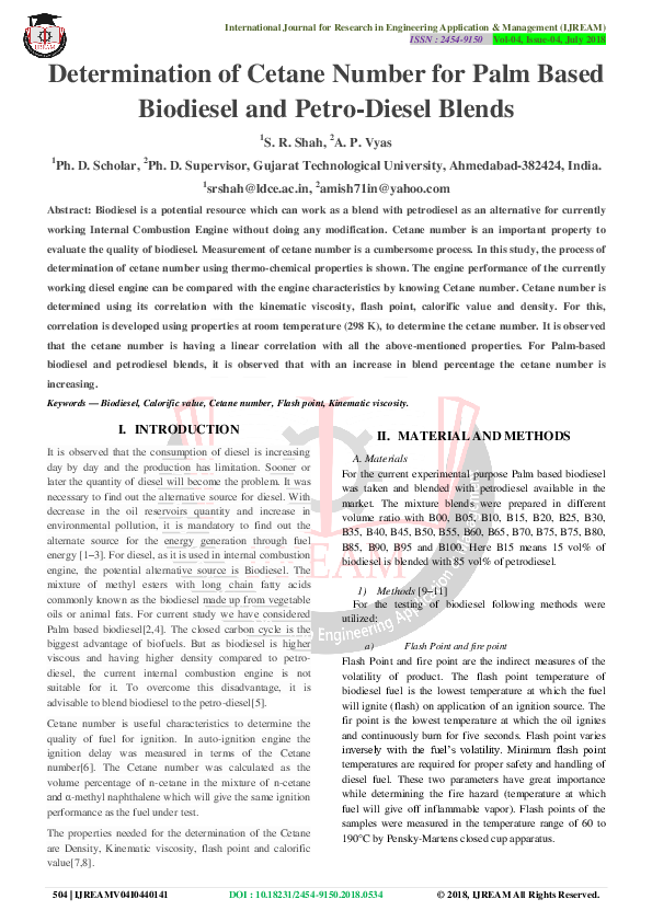 (PDF) Determination of Cetane Number for Palm Based Biodiesel and Petro ...