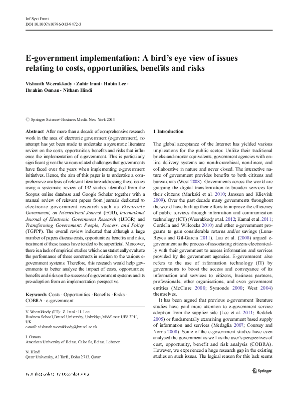 (PDF) E-government implementation: A bird’s eye view of issues relating to costs, opportunities ...