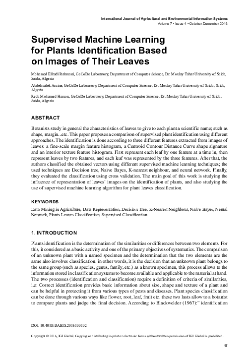 (PDF) Supervised Machine Learning for Plants Identification Based on ...