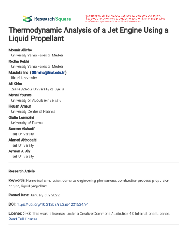 (PDF) Thermodynamic Analysis of a Jet Engine Using a Liquid Propellant