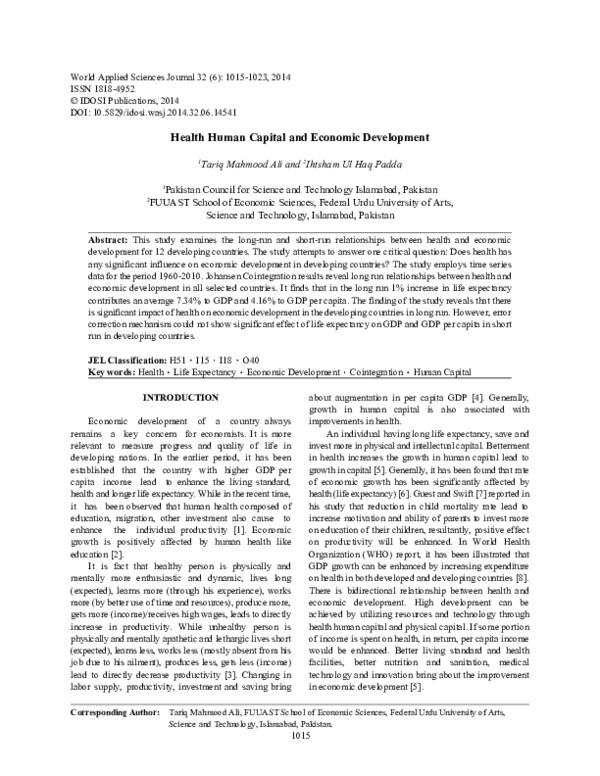 (PDF) Health Human Capital and Economic Development | Dr. Tariq Mahmood ...