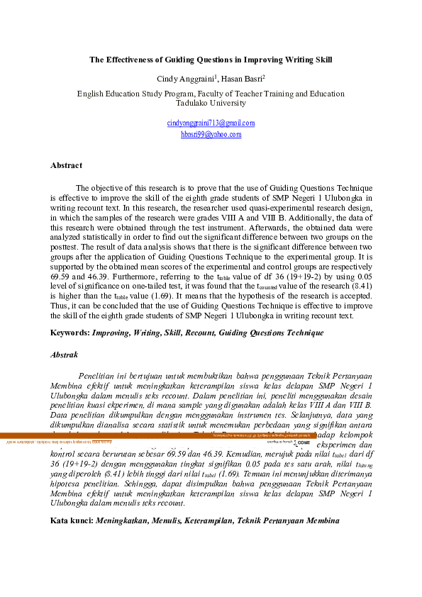 (PDF) The Effectiveness of Guiding Questions in Improving Writing Skill