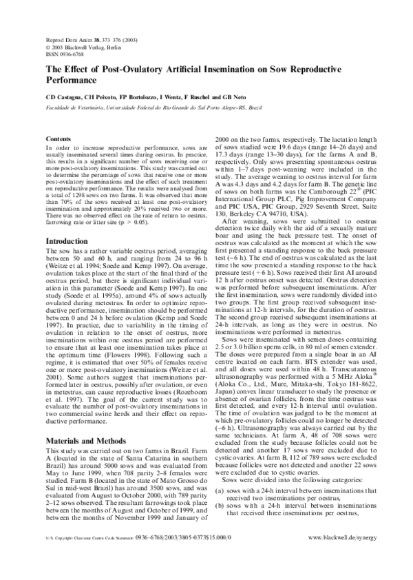 (PDF) The Effect of Post-Ovulatory Artificial Insemination on Sow Reproductive Performance