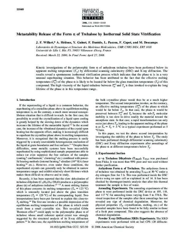 (PDF) Metastability Release of the Form α of Trehalose by Isothermal Solid State Vitrification