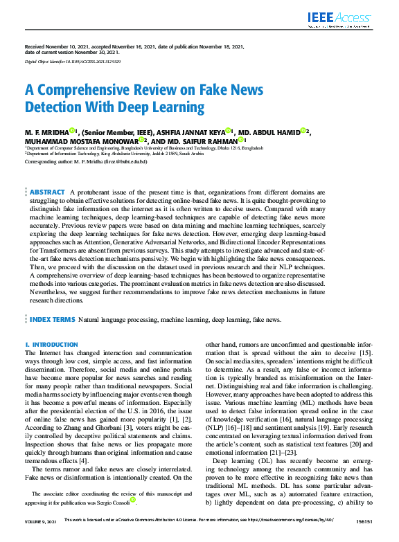 (PDF) A Comprehensive Review on Fake News Detection With Deep Learning