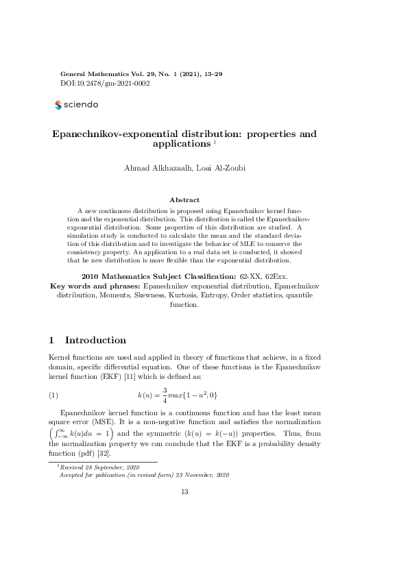 (PDF) Epanechnikov-exponential distribution: properties and applications