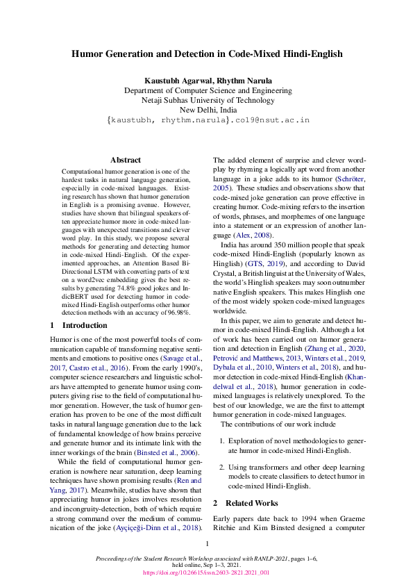 Pdf Humor Generation And Detection In Code Mixed Hindi English