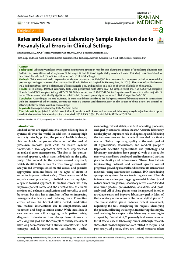 (PDF) Rates and Reasons of Laboratory Sample Rejection due to Pre ...