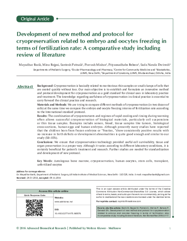 (PDF) Development of new method and protocol for cryopreservation ...