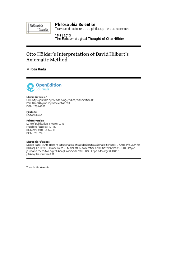 (PDF) Otto Hölder’s Interpretation of David Hilbert’s Axiomatic Method ...