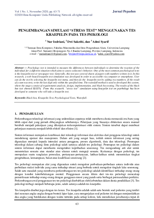 (PDF) Pengembangan Simulasi “Stress Test” Menggunakan Tes Kraepelin ...