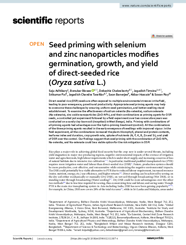 (PDF) Seed priming with selenium and zinc nanoparticles modifies germination, growth, and yield ...