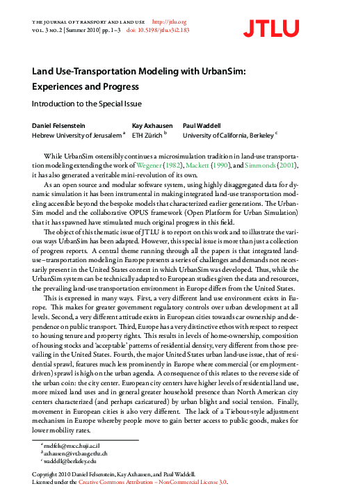 (PDF) Land use-transportation modeling with UrbanSim: Experiences and ...