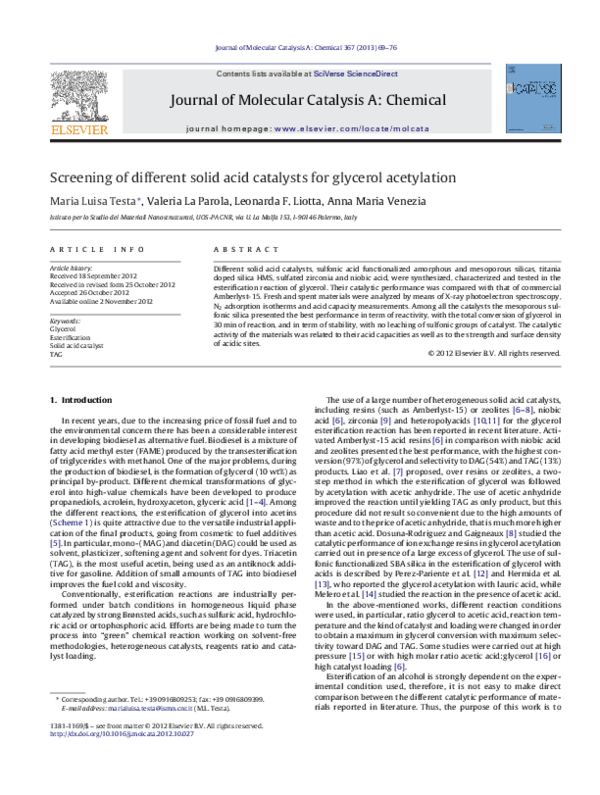(PDF) Screening of different solid acid catalysts for glycerol acetylation