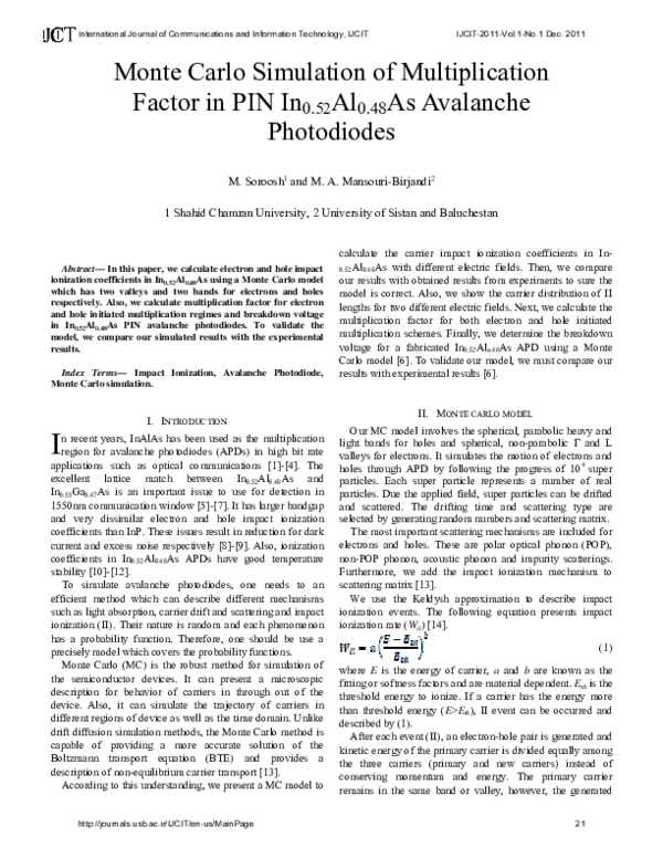 (PDF) Monte Carlo Simulation of Multiplication Factor in PIN In0.52Al0 ...
